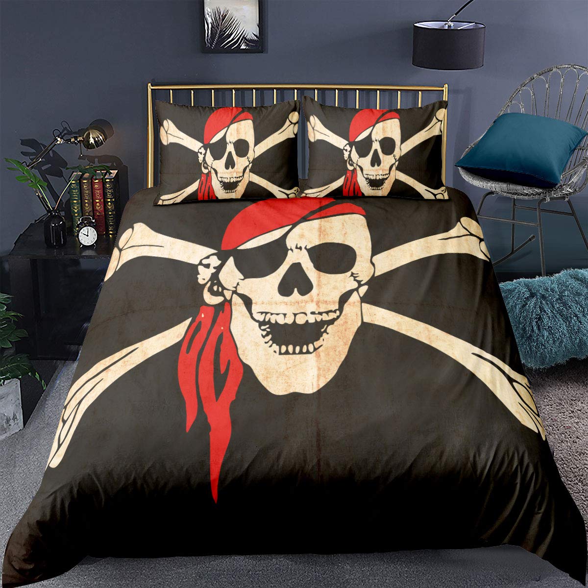 Pirate Comforter Cover Queen,Flag of Tierra del Fuego Argentina in Grunge Antique Historical Skull Pattern Printed Decorative 3 Pieces Bedding Set(1 Duvet cover Set 2 Pillow Shams) ,with Zip Ties