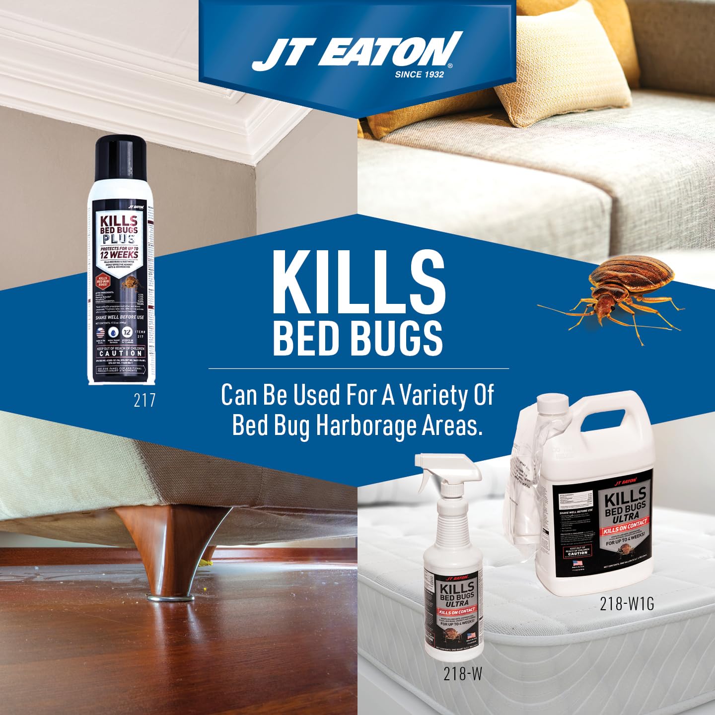 JT Eaton 218-W1G Kills Bed Bugs ULTRA Spray, Water-Based Insecticide, Long-Lasting Protection for Bedbugs, Roaches, Ants, and Dust Mites, 1 Gallon with Sprayer