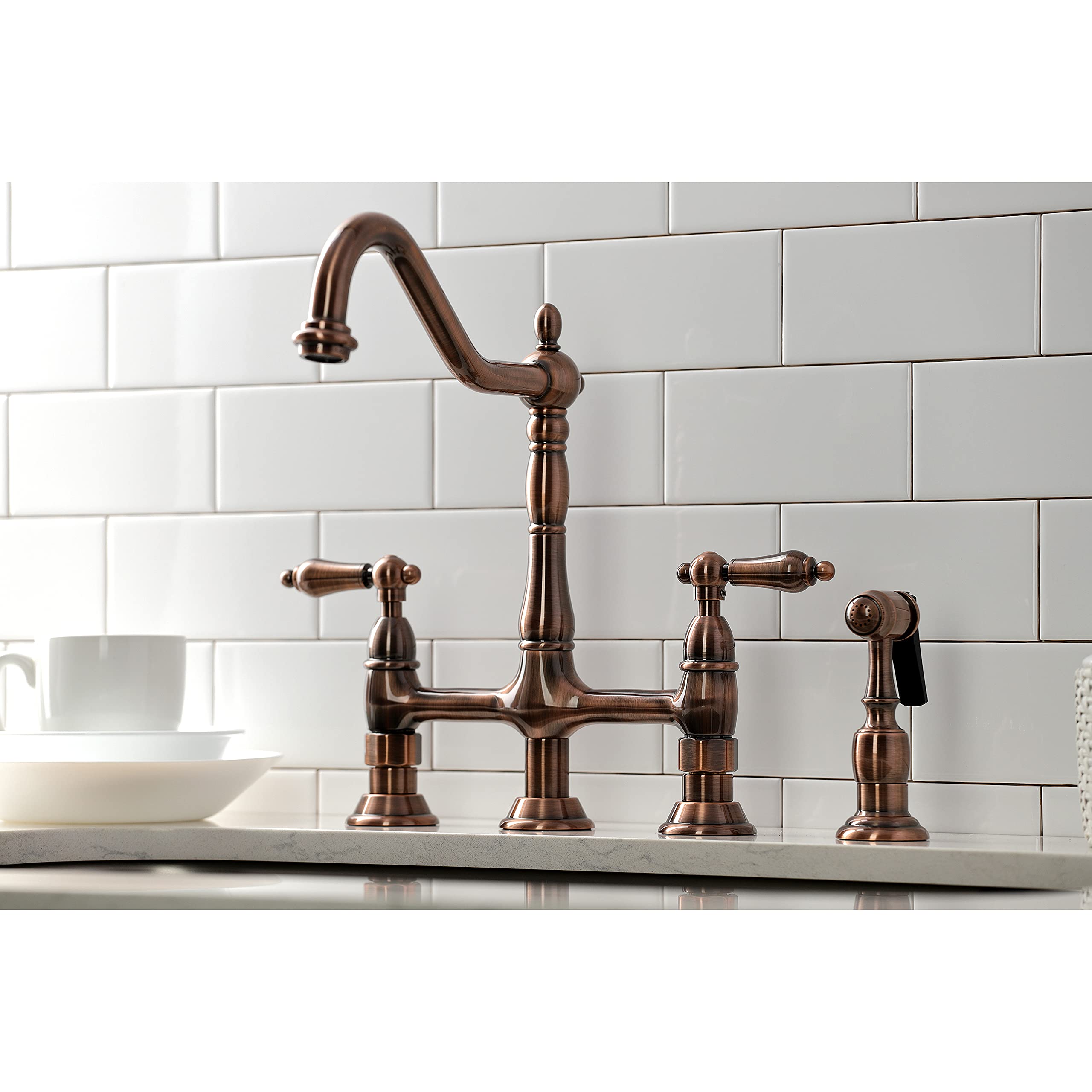 Kingston Brass KS127ALBSAC Heritage Bridge Kitchen Faucet, Antique Copper, 13.88 x 8.56 x 13.13