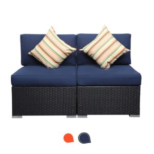 excited work 2 piece outdoor pe wicker rattan patio couch with washable cushion and 2 pillow,sectional furniture conversation set（dark blue）