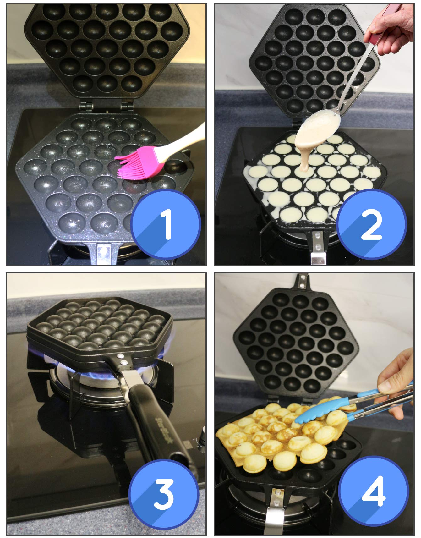 Bubble Waffle Maker Pan by StarBlue with FREE Recipe ebook and Tongs - Make Crispy Hong Kong Style Egg Waffle in 5 Minutes