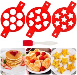 pancake mold maker fried non-stick egg mold reusable silicone pancake 7 cavity egg ring 3 pack and silicone brush (heart round star)