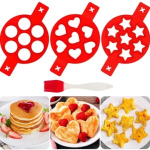 Pancake Mold Maker Fried Non-Stick Egg Mold Reusable Silicone Pancake 7 Cavity Egg Ring 3 Pack and Silicone Brush (Heart Round Star)