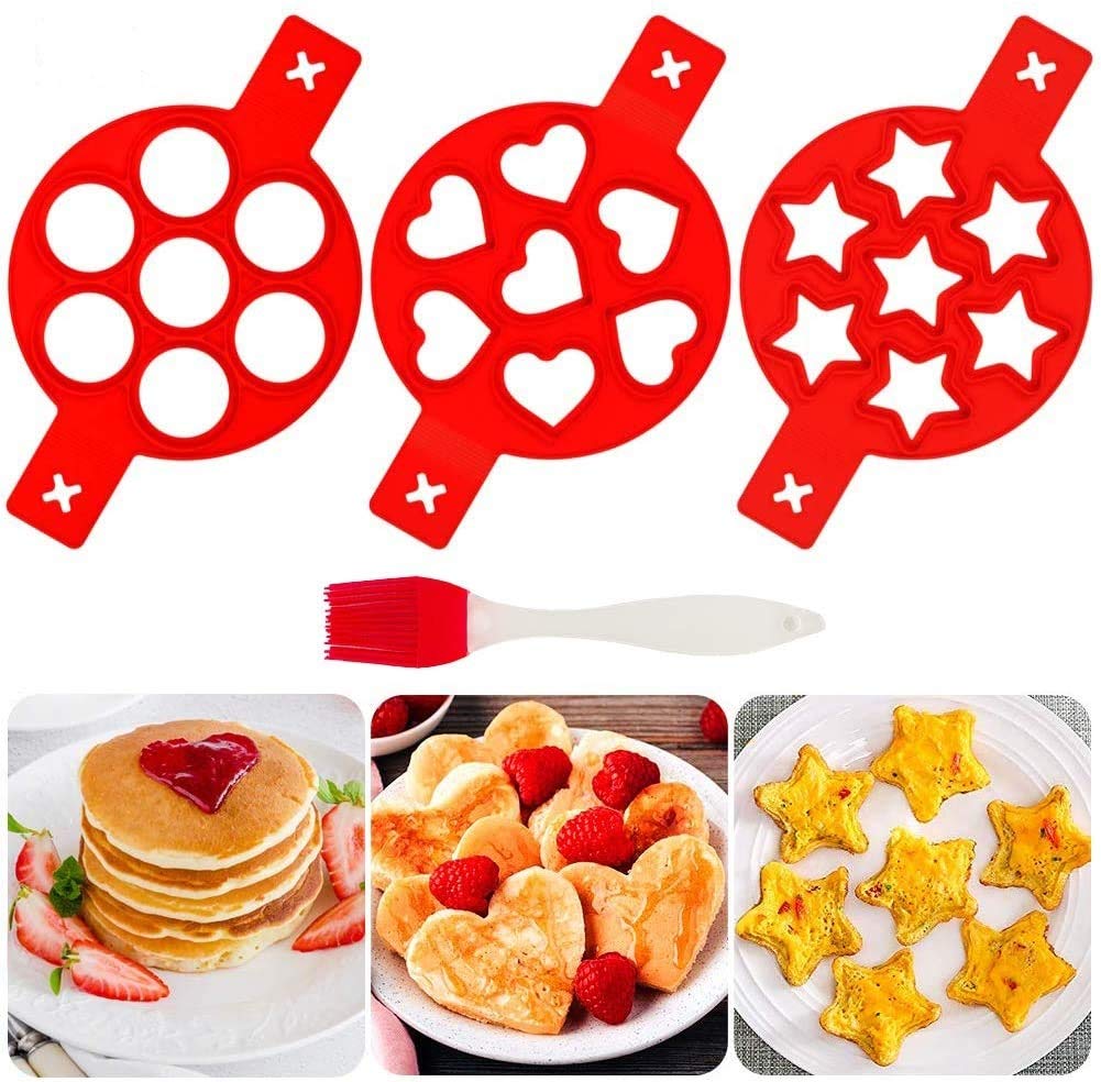 Pancake Mold Maker Fried Non-Stick Egg Mold Reusable Silicone Pancake 7 Cavity Egg Ring 3 Pack and Silicone Brush (Heart Round Star)