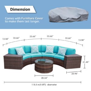 OC Orange-Casual Outdoor Furniture Brown Rattan Set Half-Moon Patio All-Weather Wicker Sofa with Coffee Table, Turquoise Cushion 7-Piece (Pillows & Waterproof Cover Included)