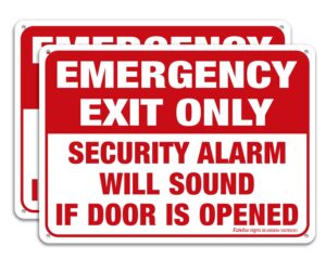 emergency exit only - security alarm will sound if door is opened sign, 2 pack, 10 x 7 inch .40 rust free aluminum, uv protected, weather resistant, waterproof, durable ink, easy to install