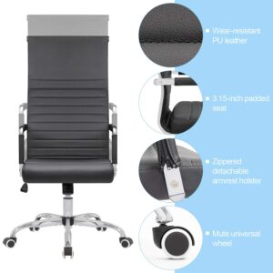 KaiMeng Ribbed Office Chair High Back PU Leather Desk Chair Adjustable Swivel Task Chair Computer Chair with Armrest for Conference Study Leisure (Black)