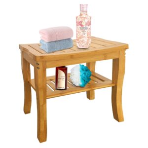 vaefae bamboo shower bench bathroom stool, spa bath shower stool with storage shelf, wood bench for indoor outdoor use