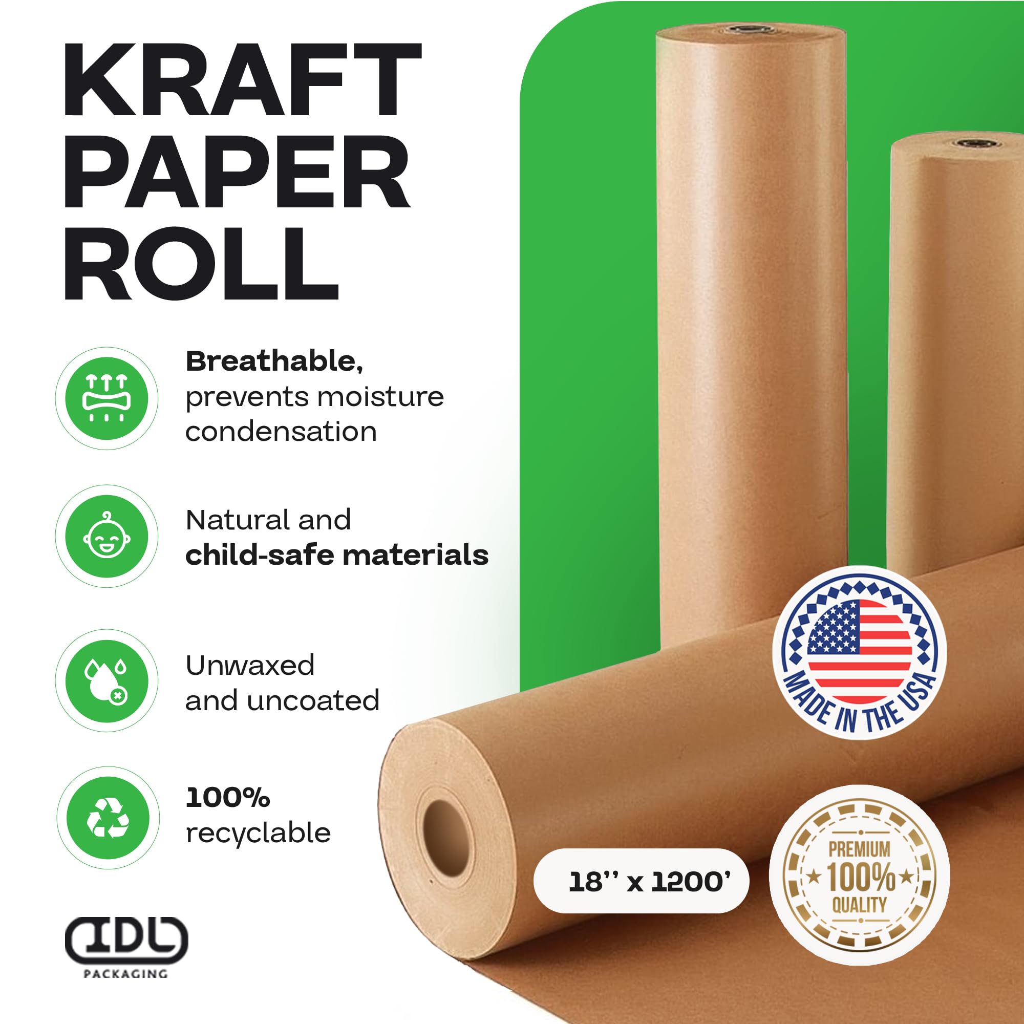 IDL Packaging 18" x 14400" (1200 ft) Large Brown Kraft Paper Roll for Packing - Perfect Natural Kraft Wrapping Paper for Void Filling - Craft Paper for Kids Art Projects