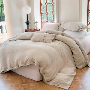 simple&opulence 100% linen duvet cover set 3pcs with coconut button closure natural french washed flax solid color soft breathable farmhouse bedding - linen, king size