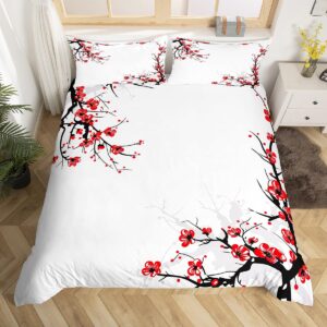 japanese duvet cover twin size,kids girls spring cherry blossom comforter cover asian botanic themed pattern fresh organic art bedding set, branch of red flowers decorative bedspreads white black