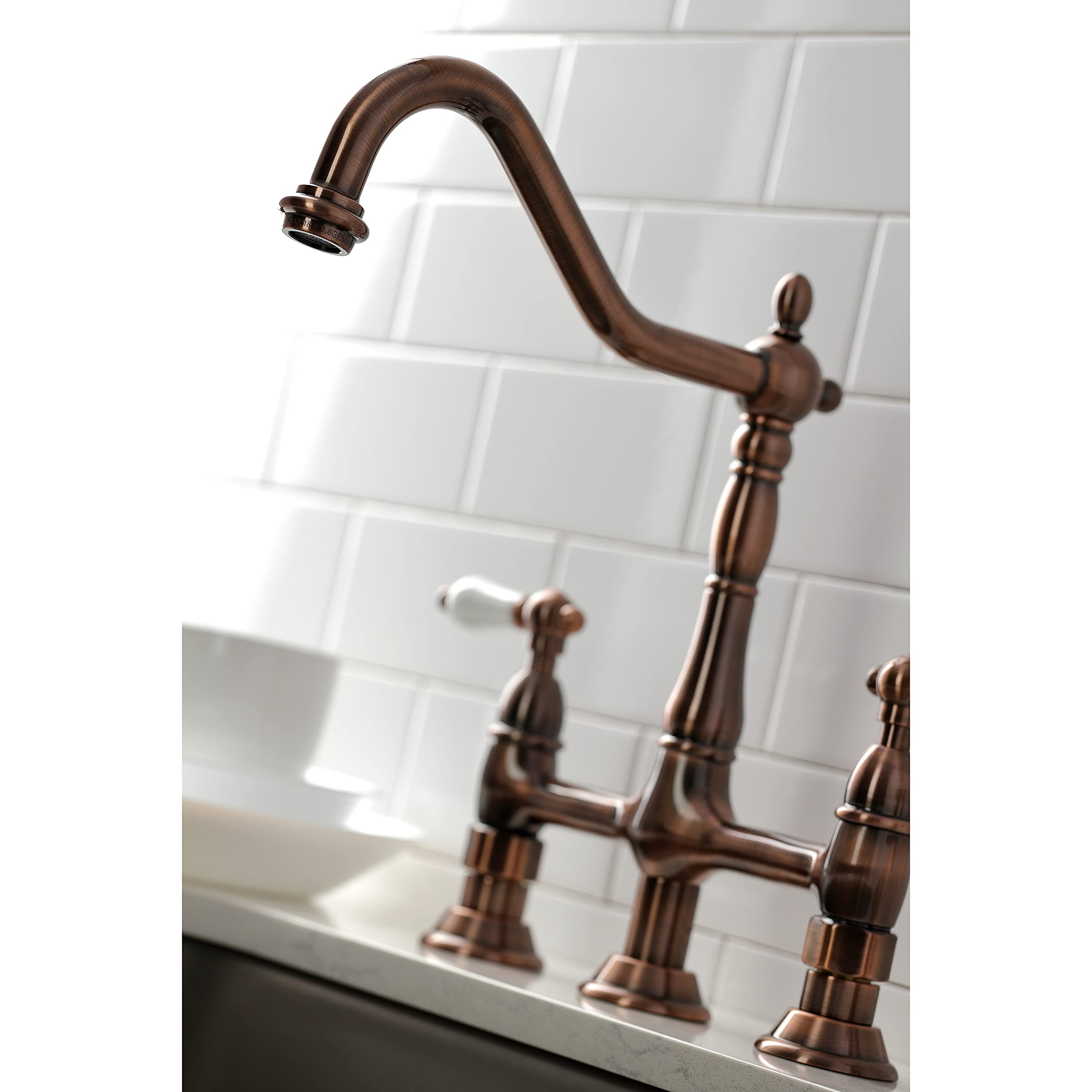 Kingston Brass KS127PLBSAC Heritage Bridge Kitchen Faucet, Antique Copper