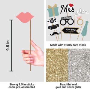 Fully Assembled Wedding Photo Booth Props - Set of 40 - Gold, Pink, Teal, & Silver Selfie Signs - Wedding Party Supplies & Decorations - Cute Wedding Designs with Real Glitter - Did we mention no DIY?