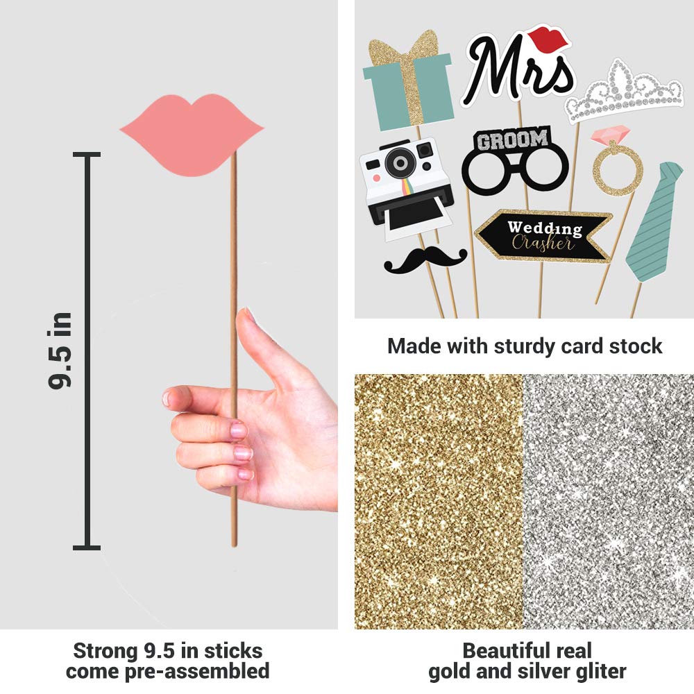 Fully Assembled Wedding Photo Booth Props - Set of 40 - Gold, Pink, Teal, & Silver Selfie Signs - Wedding Party Supplies & Decorations - Cute Wedding Designs with Real Glitter - Did we mention no DIY?