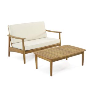 christopher knight home felix outdoor acacia wood loveseat set with coffee table, teak finish, beige