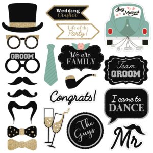 Fully Assembled Wedding Photo Booth Props - Set of 40 - Gold, Pink, Teal, & Silver Selfie Signs - Wedding Party Supplies & Decorations - Cute Wedding Designs with Real Glitter - Did we mention no DIY?