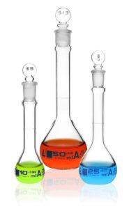 eisco premium volumetric flask set - 10ml, 25ml & 50ml - class a, astm e288 - superior durability & chemical resistance - glass penny stoppers - borosilicate 3.3 glass