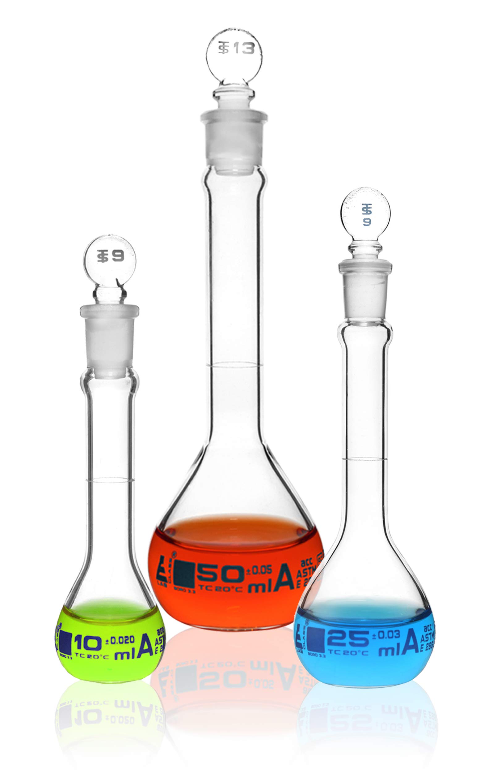 EISCO Premium Volumetric Flask Set - 10ml, 25ml & 50ml - Class A, ASTM E288 - Superior Durability & Chemical Resistance - Glass Penny Stoppers - Borosilicate 3.3 Glass