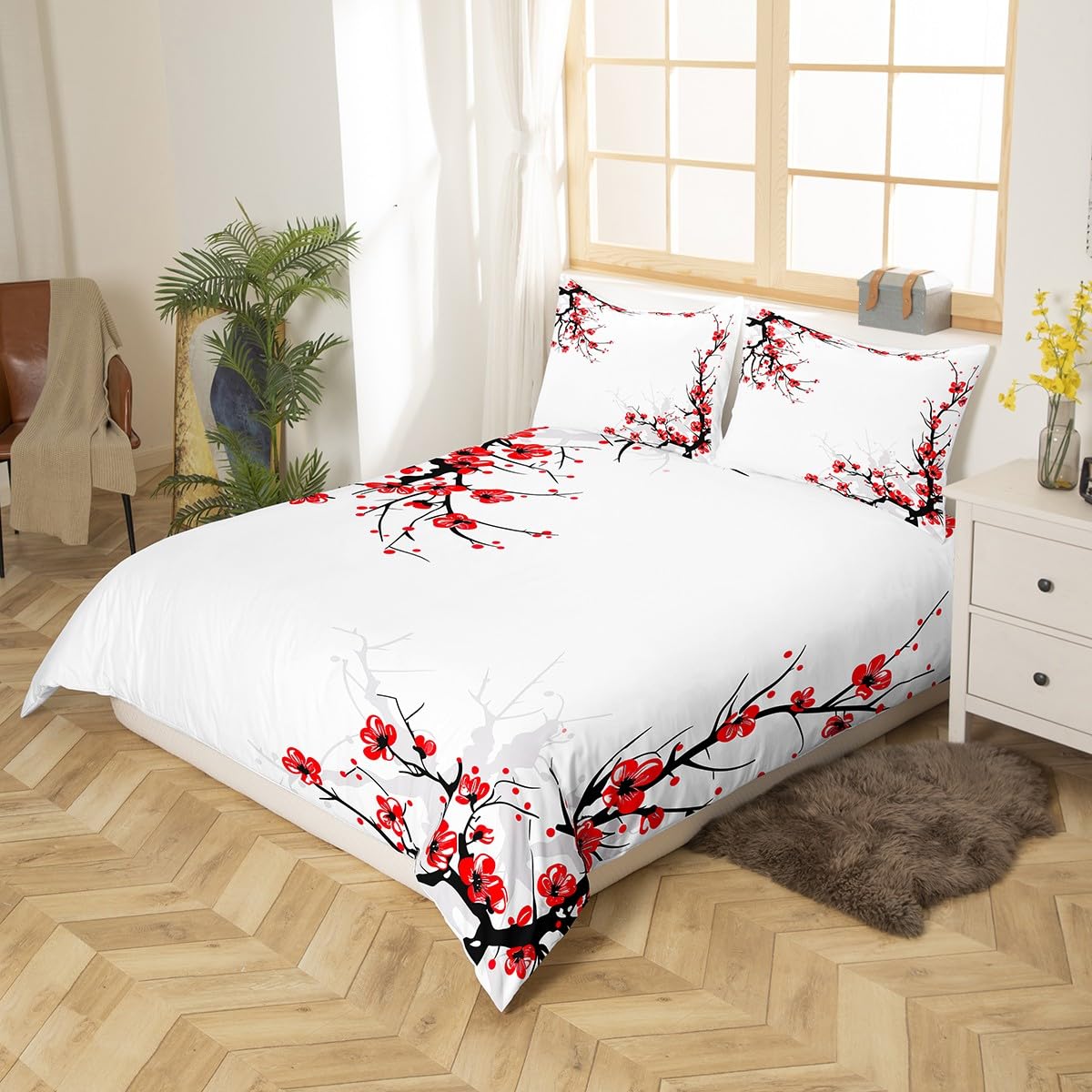 Japanese Duvet Cover Twin Size,Kids Girls Spring Cherry Blossom Comforter Cover Asian Botanic Themed Pattern Fresh Organic Art Bedding Set, Branch of Red Flowers Decorative Bedspreads White Black