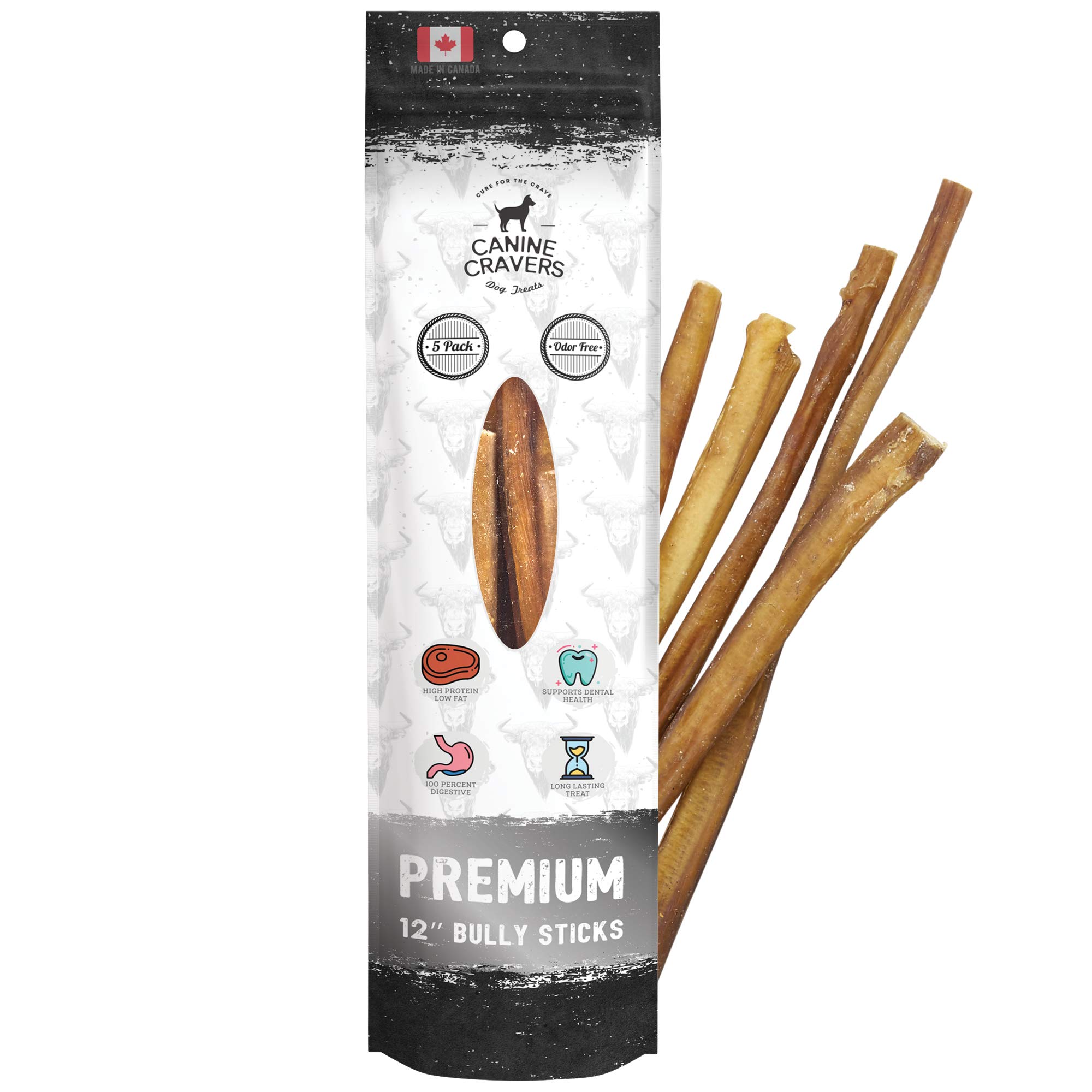 Canine Cravers Maplewood Smoked Bully Sticks 12” Inch - 100% Natural Free Range Grass Fed Beef - Made in Canada Odor-Reduced Long Lasting, Rawhide Free Dog Chews High Protein Low Fat Dental Care