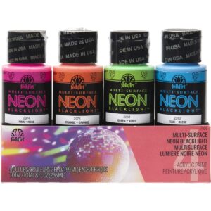 folkart 4 bottle multi-surface acrylic paint set, 2oz, neon blacklight colors