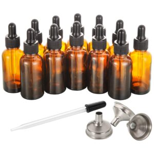 12 pack, 2 oz glass dropper bottle with 3 stainless steel funnels & 1 long eye dropper - 60ml amber glass tincture bottles for travel essential oils, liquids - leakproof