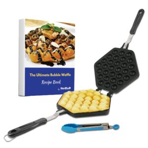 bubble waffle maker pan by starblue with free recipe ebook and tongs - make crispy hong kong style egg waffle in 5 minutes