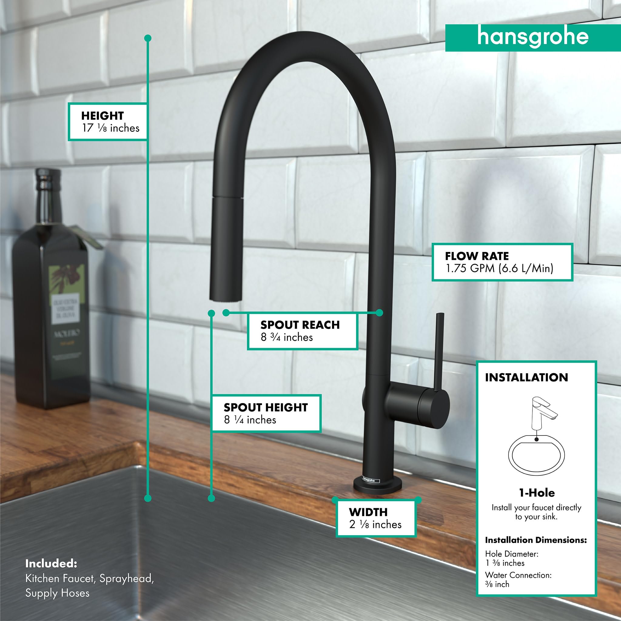 hansgrohe Talis N Black High Arc Kitchen Faucet, Kitchen Faucets with Pull Down Sprayer, Faucet for Kitchen Sink, Magnetic Docking Spray Head, Matte Black 72800671