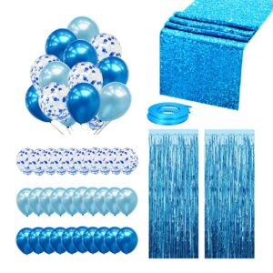 blue party decoration supplies set 35 pack, include 30 balloons, 2 blue foil fringe curtains, 1 blue sequin table runner for birthday party, baby shower, wedding, anniversary, graduation, prom