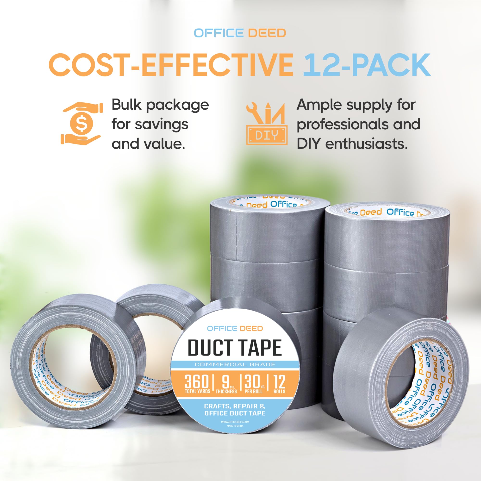 Office Deed Duct Tape Heavy Duty Waterproof, 30 Yards x 2 Inch, 12-Roll Pack, All-Weather Grey Heavy Duty Duct Tape, No Residue, Strong Silver Duct Tape Bulk