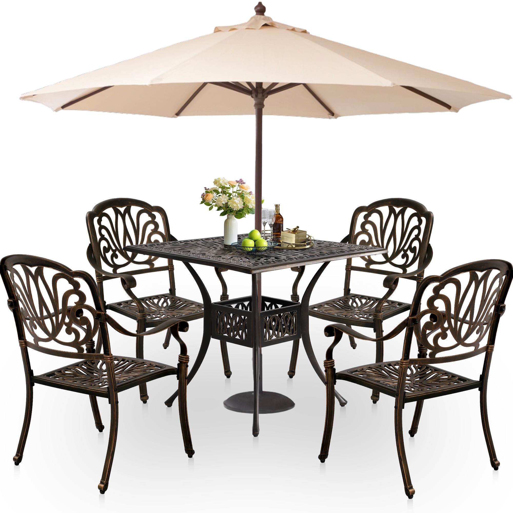 TITIMO 5-Piece Outdoor Patio Dining Set,All-Weather Cast Aluminum Furniture Conversation Set Includes 4 Chairs and 1 Square Table with Umbrella Hole for Patio Garden Deck, Blooming Flower Design