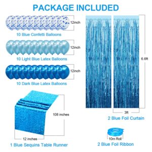 Blue Party Decoration Supplies Set 35 Pack, Include 30 Balloons, 2 Blue Foil Fringe Curtains, 1 Blue Sequin Table Runner for Birthday Party, Baby Shower, Wedding, Anniversary, Graduation, Prom