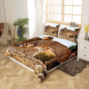 Safari Wildlife Duvet Cover Set Queen,Cheetah California King Animal Comforter Cover,Field Wild Wood Teen Boys Decorative 3 Piece Bedding Set with 2 Pillow Shams,Tan Black Lightweight Microfiber