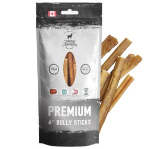 Canine Cravers Maplewood Smoked Bully Sticks 6” Inch - 100% Natural Free Range Grass Fed Beef - Made in Canada - Odor-Reduced Long Lasting, Rawhide Free Dog Chews High Protein Low Fat Dental Care