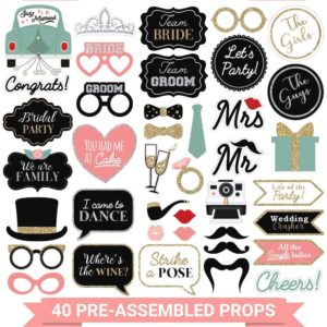 fully assembled wedding photo booth props - set of 40 - gold, pink, teal, & silver selfie signs - wedding party supplies & decorations - cute wedding designs with real glitter - did we mention no diy?