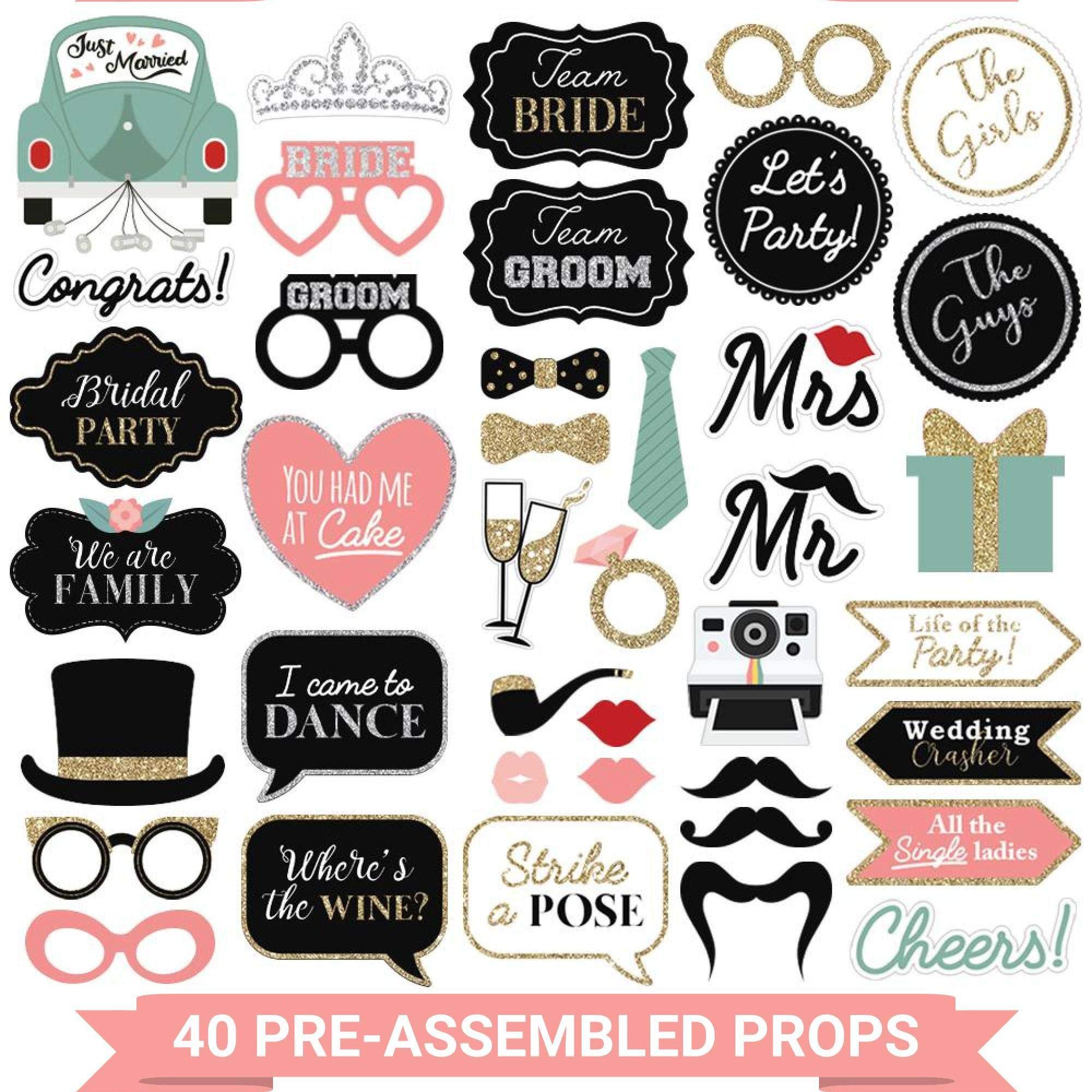 Fully Assembled Wedding Photo Booth Props - Set of 40 - Gold, Pink, Teal, & Silver Selfie Signs - Wedding Party Supplies & Decorations - Cute Wedding Designs with Real Glitter - Did we mention no DIY?