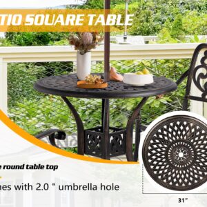 TITIMO 5-Piece Outdoor Patio Dining Set,All-Weather Cast Aluminum Furniture Conversation Set Includes 4 Chairs and 1 Square Table with Umbrella Hole for Patio Garden Deck, Blooming Flower Design