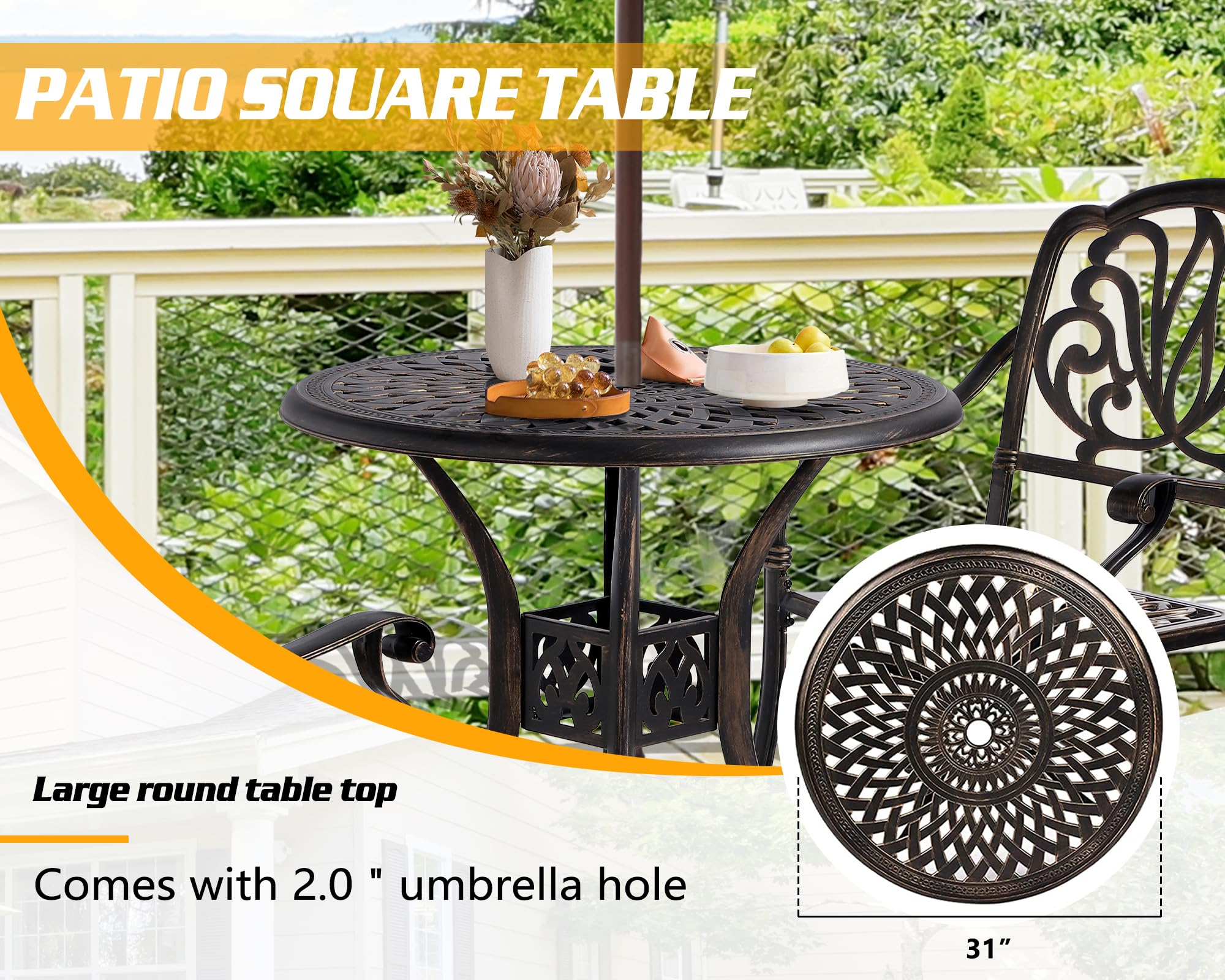 TITIMO 5-Piece Outdoor Patio Dining Set,All-Weather Cast Aluminum Furniture Conversation Set Includes 4 Chairs and 1 Square Table with Umbrella Hole for Patio Garden Deck, Blooming Flower Design