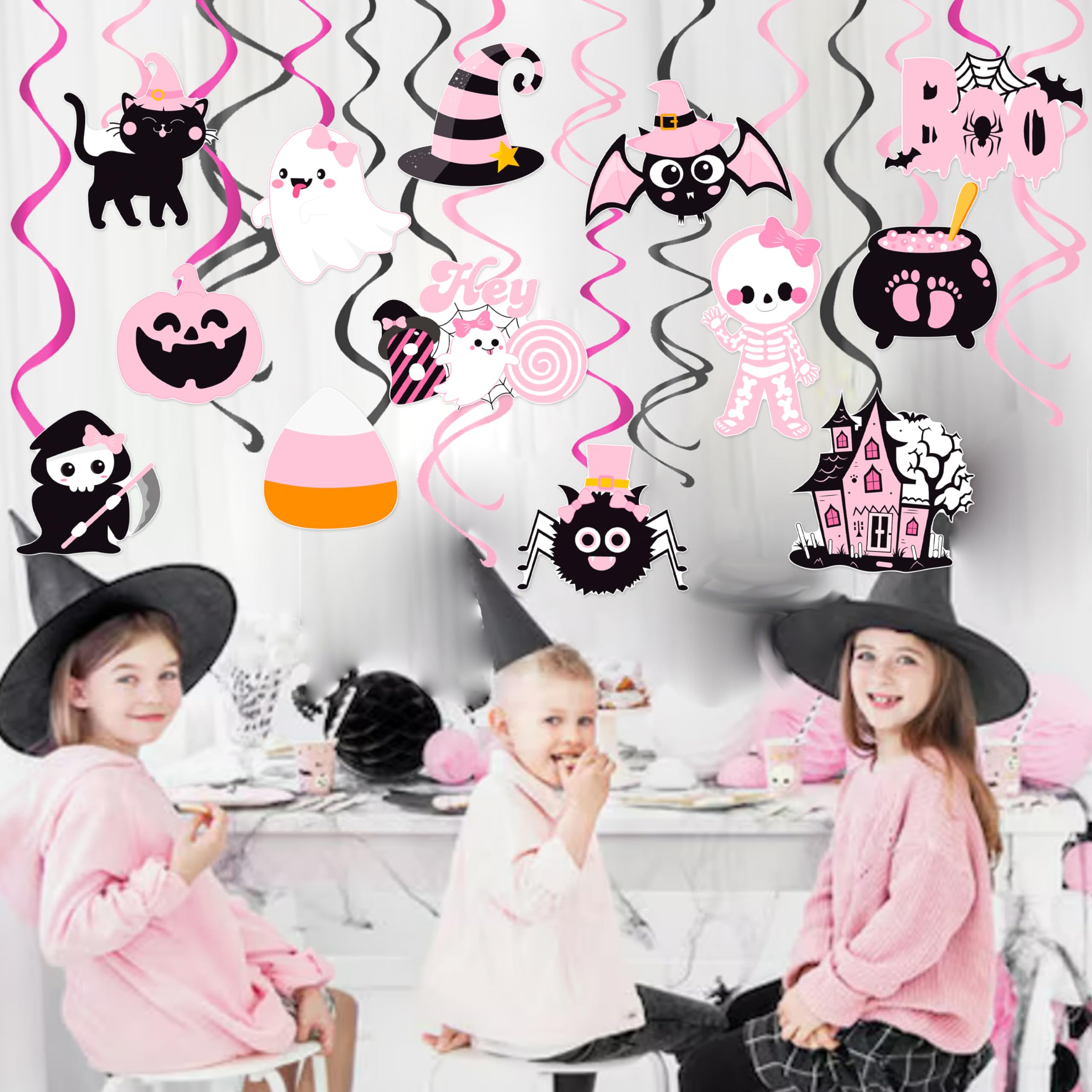 Halloween Party Hanging Swirls Halloween Ghost Boo Party Hanging Decoration Pink Pumpkin Bat Witch Themed Swirl Ceiling Streamers for Girls Halloween Party Trick or Treat Party Supplies