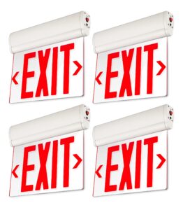 leonlite emergency exit sign, led edge lit exit sign, exit sign with battery backup, ul listed, double sided, rotating acrylic clear panel, top/side/wall mount, 120/277v, red, pack of 4