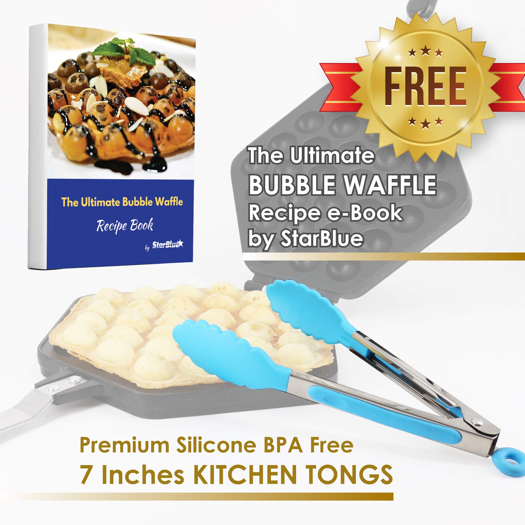 Bubble Waffle Maker Pan by StarBlue with FREE Recipe ebook and Tongs - Make Crispy Hong Kong Style Egg Waffle in 5 Minutes