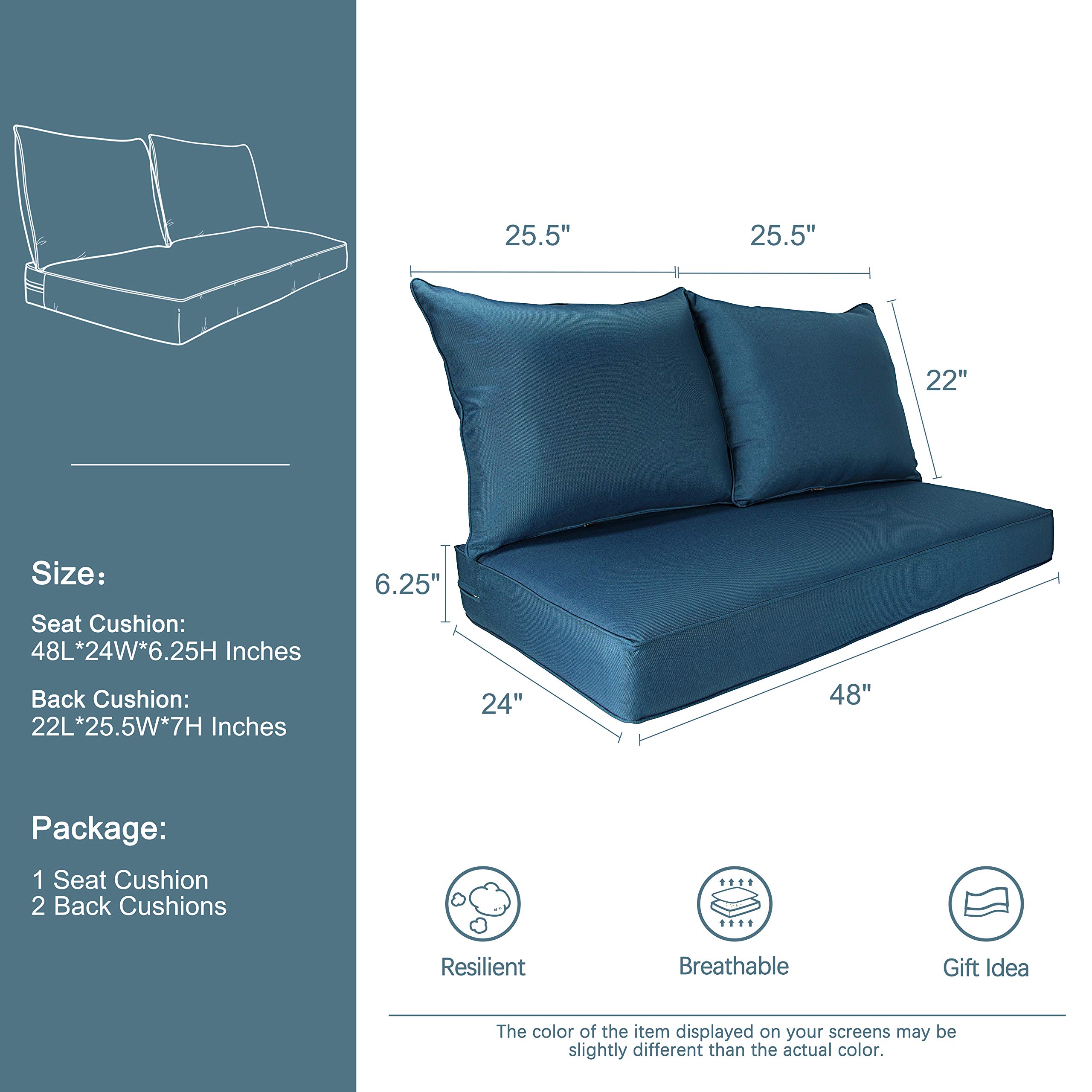 BOSSIMA Patio Furniture Cushions Comfort Deep Seat Glider Loveseat Cushion Indoor Outdoor Seating Cushions Teal Blue