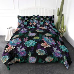 arightex colorful succulents duvet cover purple green and black 3 pcs rainbow desert succulents bedding stylish bedspreads for boho girls boys (queen)