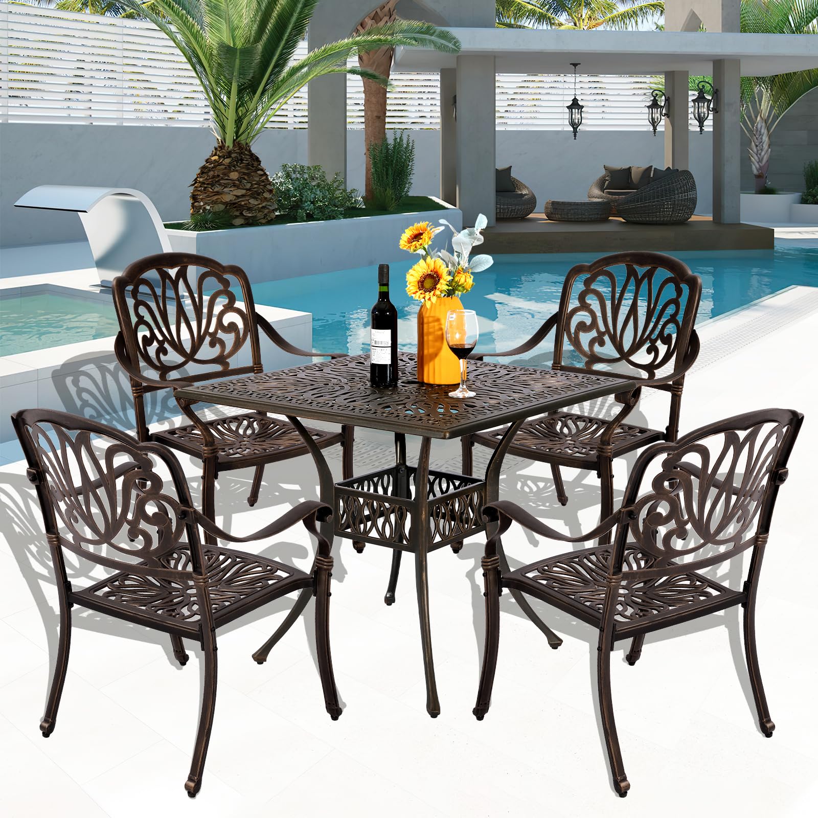 TITIMO 5-Piece Outdoor Patio Dining Set,All-Weather Cast Aluminum Furniture Conversation Set Includes 4 Chairs and 1 Square Table with Umbrella Hole for Patio Garden Deck, Blooming Flower Design