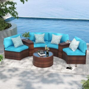 oc orange-casual outdoor furniture brown rattan set half-moon patio all-weather wicker sofa with coffee table, turquoise cushion 7-piece (pillows & waterproof cover included)