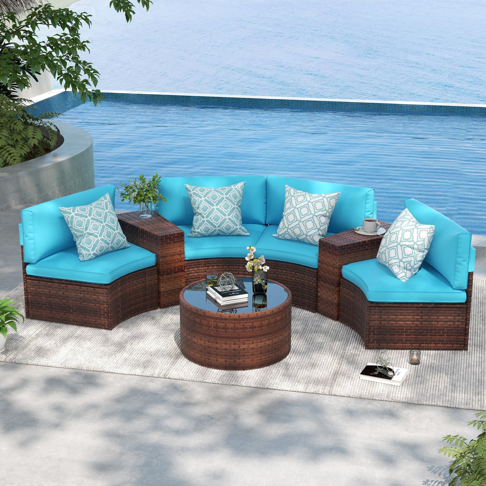 OC Orange-Casual Outdoor Furniture Brown Rattan Set Half-Moon Patio All-Weather Wicker Sofa with Coffee Table, Turquoise Cushion 7-Piece (Pillows & Waterproof Cover Included)