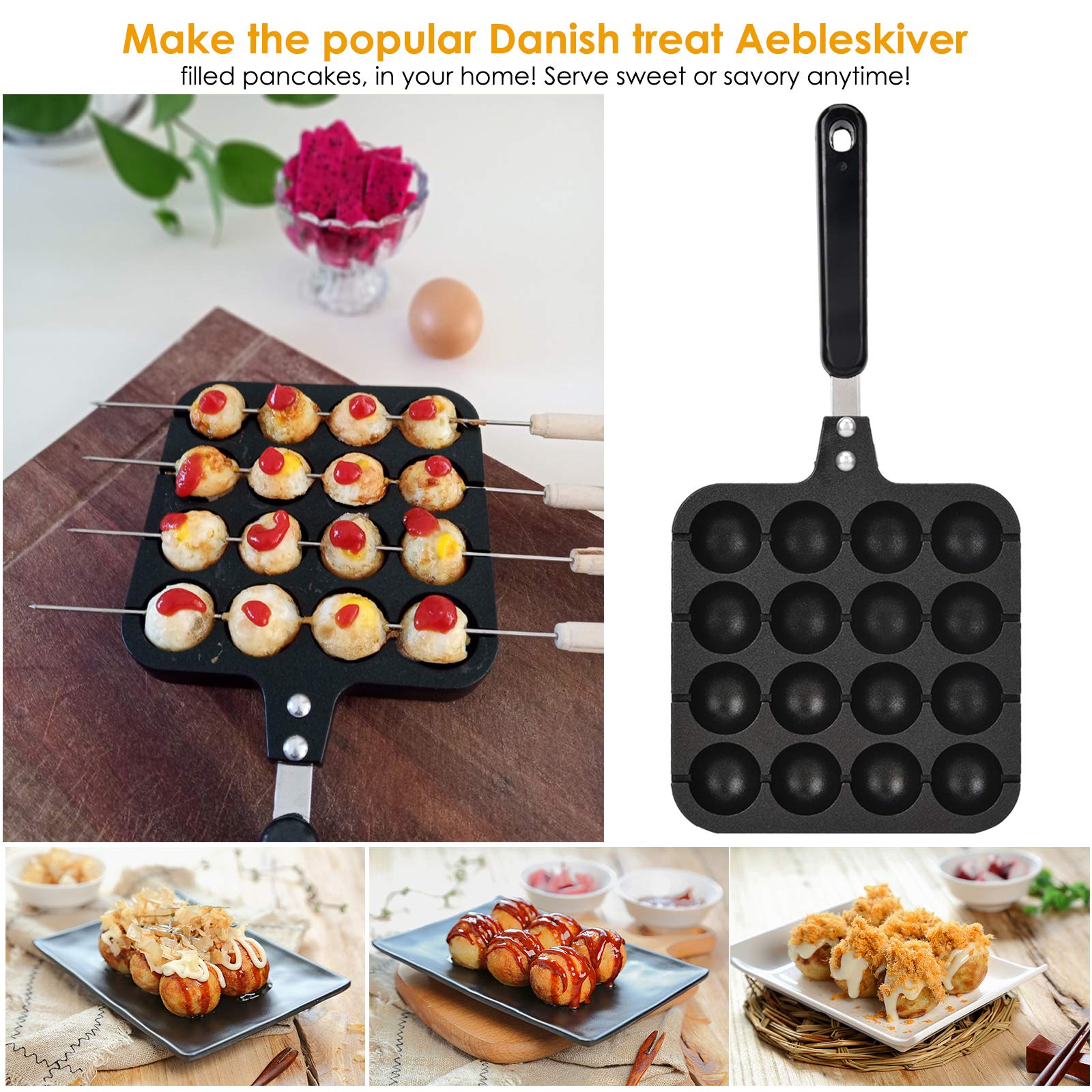 Takoyaki Pan, Non-Stick Takoyaki Maker Pan, Durable Cast Aluminum Grill Pan with 4 Baking Needle, Plate Cooking Baking Mold Tray for Takoyaki Quail Eggs Pancakes