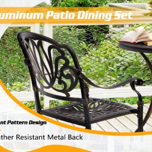 TITIMO 5-Piece Outdoor Patio Dining Set,All-Weather Cast Aluminum Furniture Conversation Set Includes 4 Chairs and 1 Square Table with Umbrella Hole for Patio Garden Deck, Blooming Flower Design