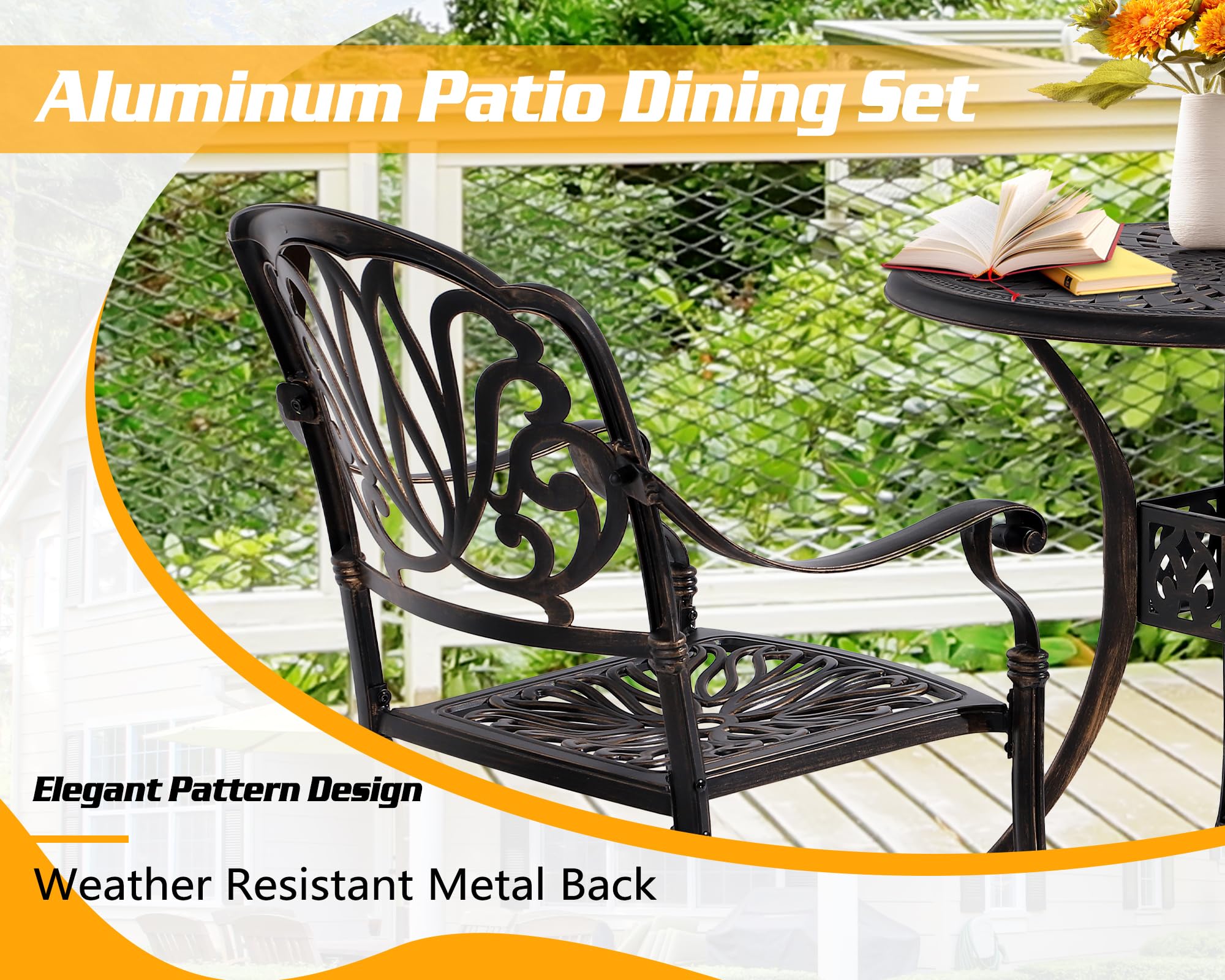 TITIMO 5-Piece Outdoor Patio Dining Set,All-Weather Cast Aluminum Furniture Conversation Set Includes 4 Chairs and 1 Square Table with Umbrella Hole for Patio Garden Deck, Blooming Flower Design