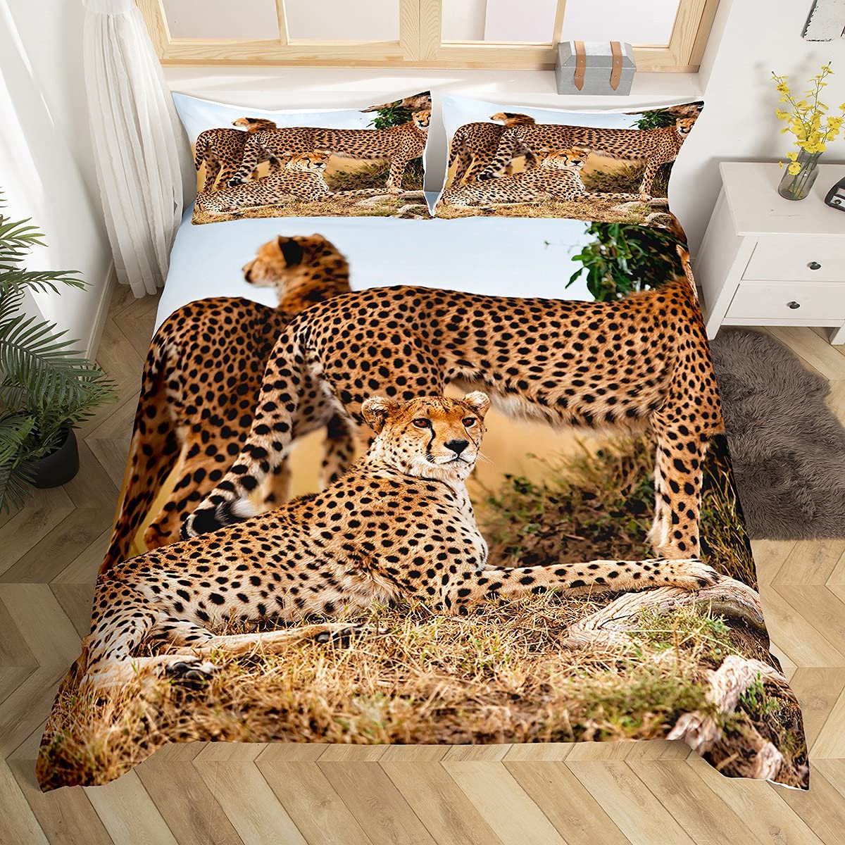 Safari Wildlife Duvet Cover Set Queen,Cheetah California King Animal Comforter Cover,Field Wild Wood Teen Boys Decorative 3 Piece Bedding Set with 2 Pillow Shams,Tan Black Lightweight Microfiber